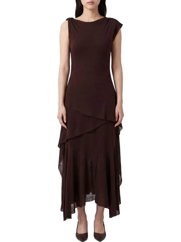 GANNI Asymmetrical Off-the-shoulder Midi Dress In Recycled Jersey - Brown