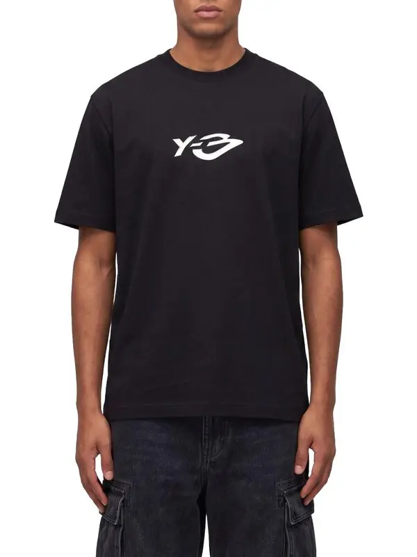 Y3 Cotton Crewneck T-shirt With Contrast Logo Print On The Back - Black