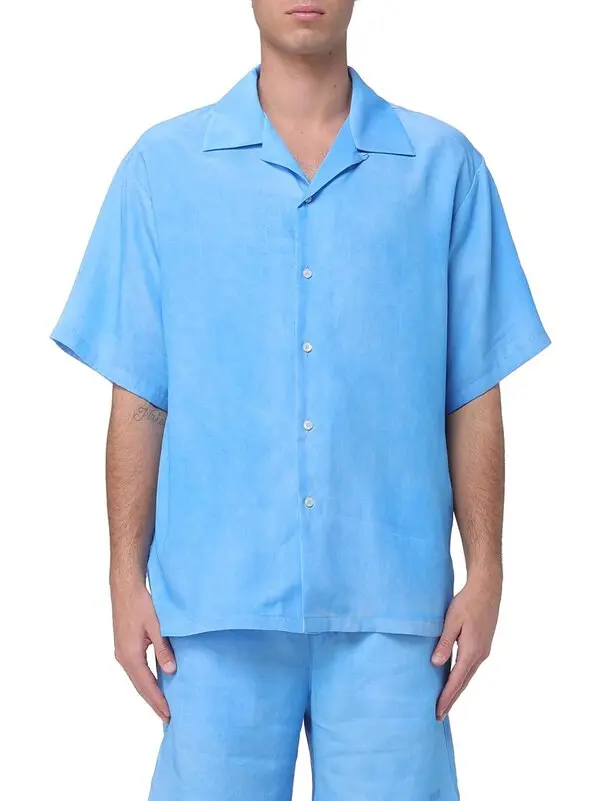 MSGM Short-sleeved Lyocell Shirt With Cuban Collar - Blue