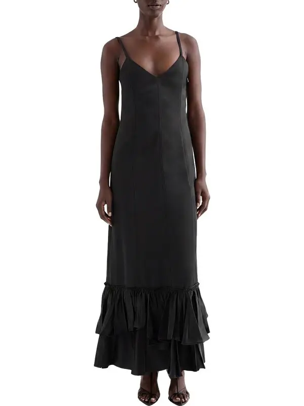 JIL SANDER Long V-neck Ruffled Silk Blend Dress - Black