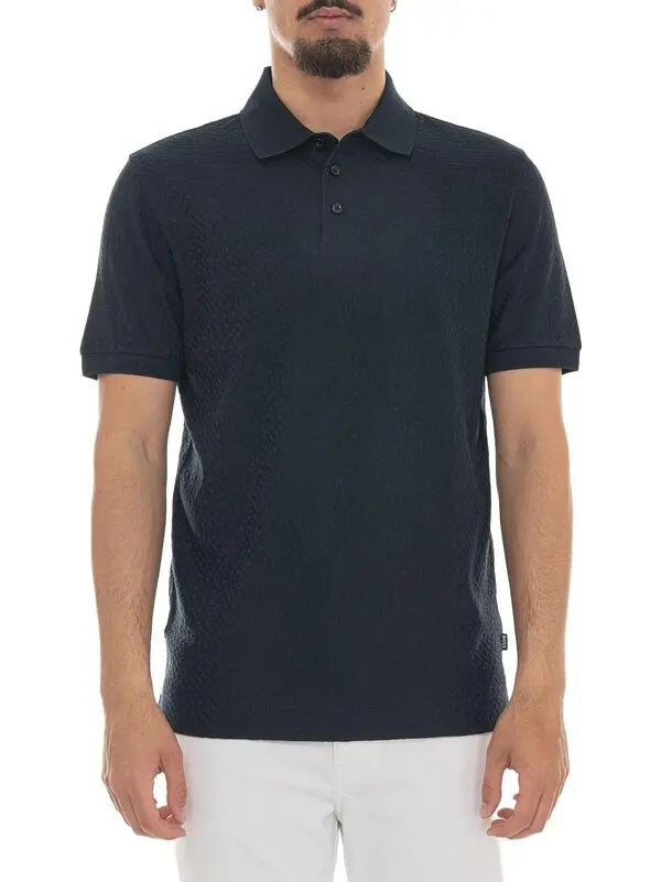 BOSS Jacquard Cotton Knit Polo Shirt With Ribbed Collar - Blue