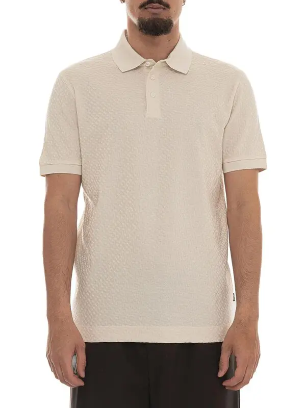 BOSS Jacquard Cotton Knit Polo Shirt With Ribbed Collar - White