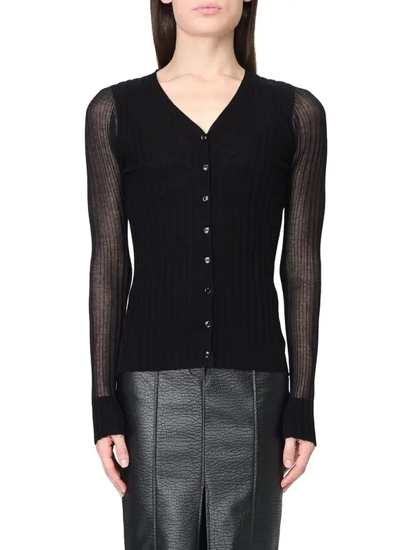Pinko Ribbed V-neck Cardigan With Sheer Sleeves - Black