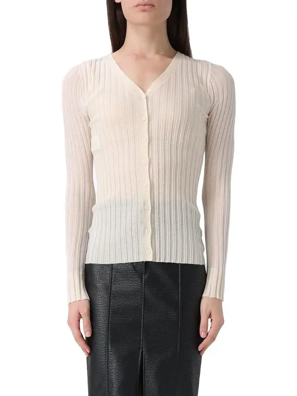 Pinko Ribbed V-neck Cardigan With Sheer Sleeves - White