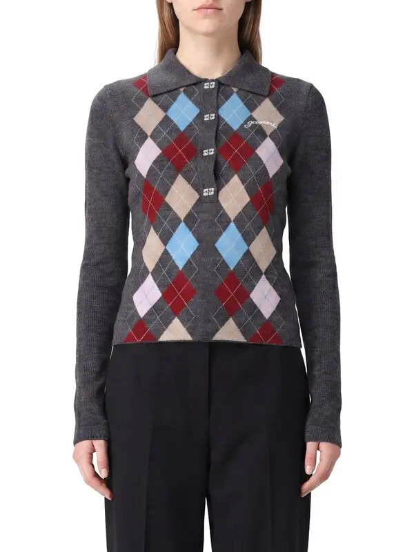 GANNI Slim Fit Argyle Wool Knit Long Sleeve Polo - Grey
