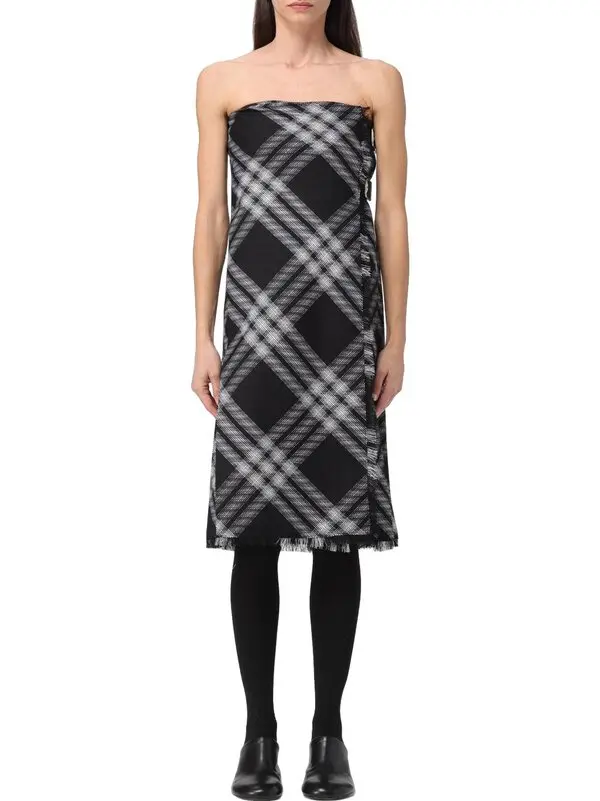 Burberry Plaid Strapless Midi Dress With Fringed Hem - Black