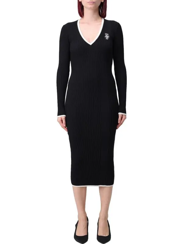 Elisabetta Franchi Ribbed V-neck Midi Dress - Black