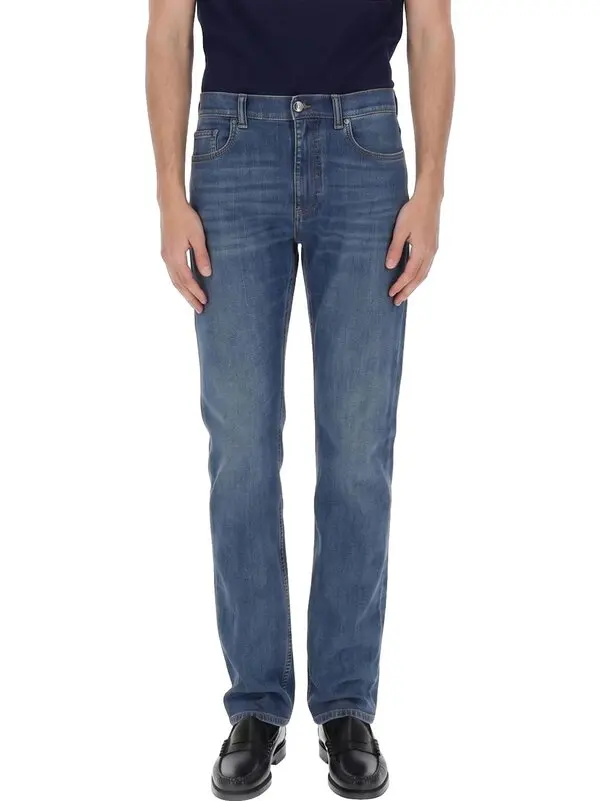 Versace Slim Fit Cotton Jeans With Logo Detail - Denim