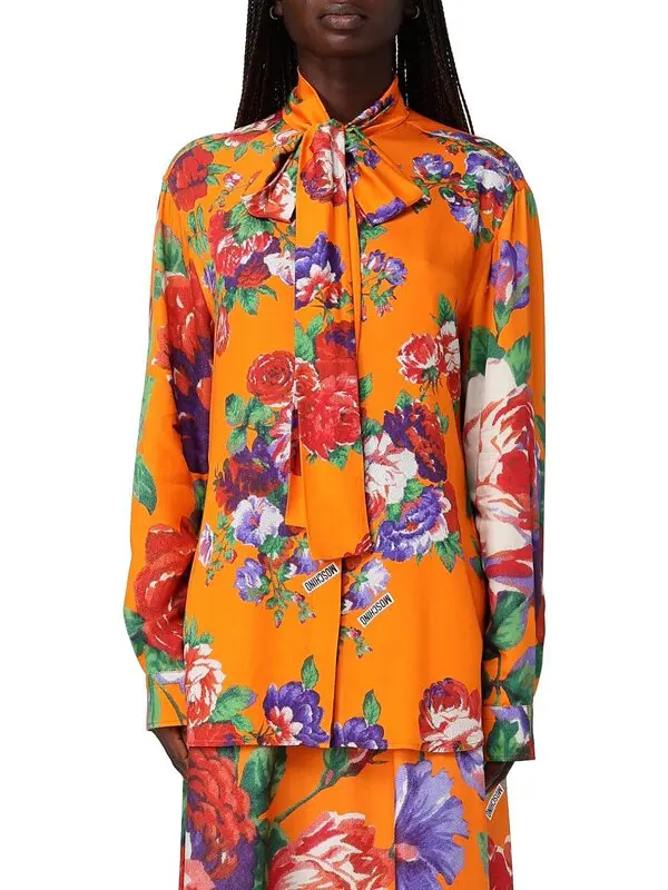 Moschino Floral Viscose Blouse With Pussy-bow Collar - Orange