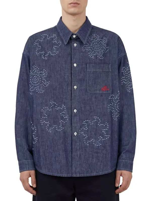 Marni Cotton Denim Shirt With Graphic Print - Blue