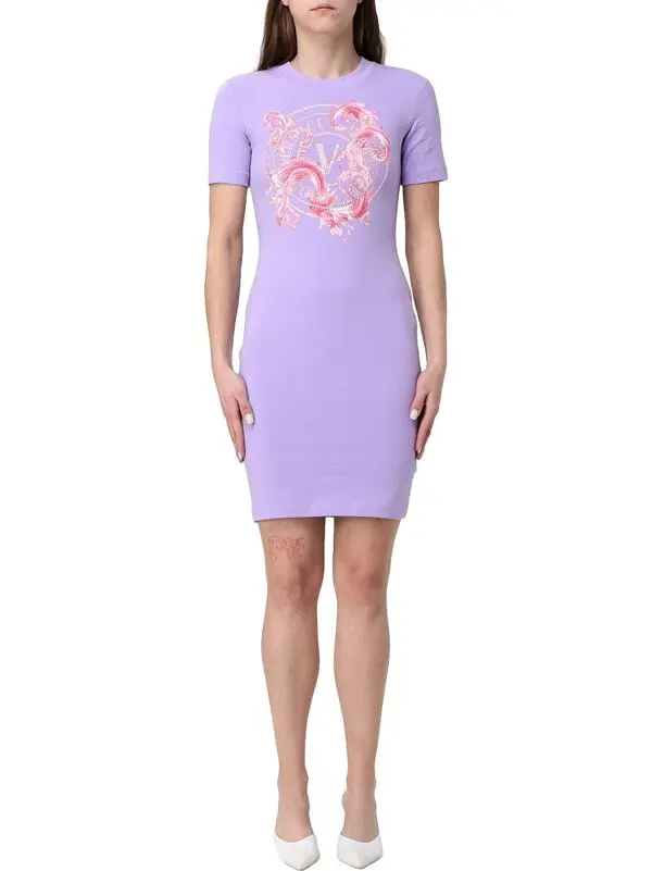Versace Stretch Cotton Mini Dress With Logo Embellishment - Violet