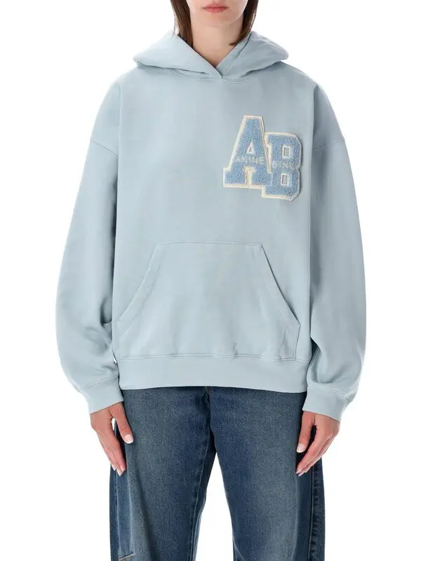ANINE BING Relaxed Fit Cotton Hoodie With Monogram Patch - Sky