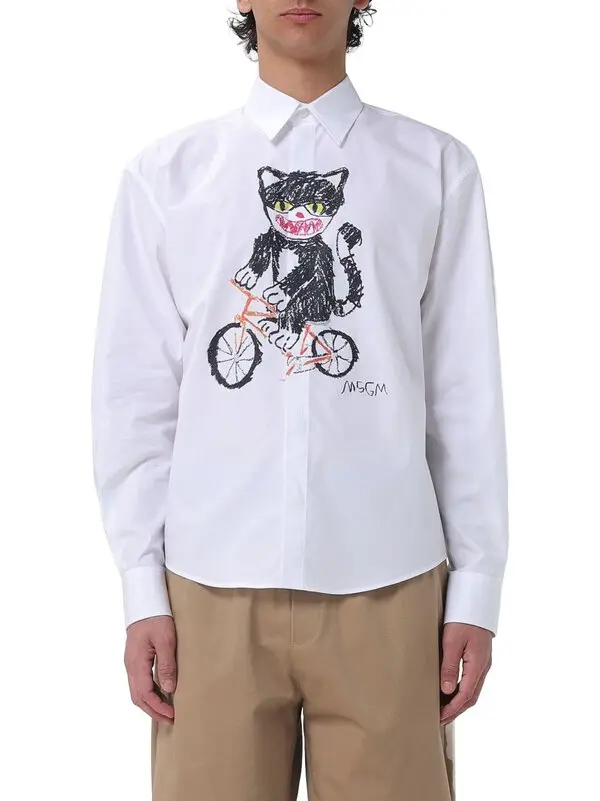 MSGM Graphic Print Long-sleeve Cotton Shirt With Concealed Placket - White