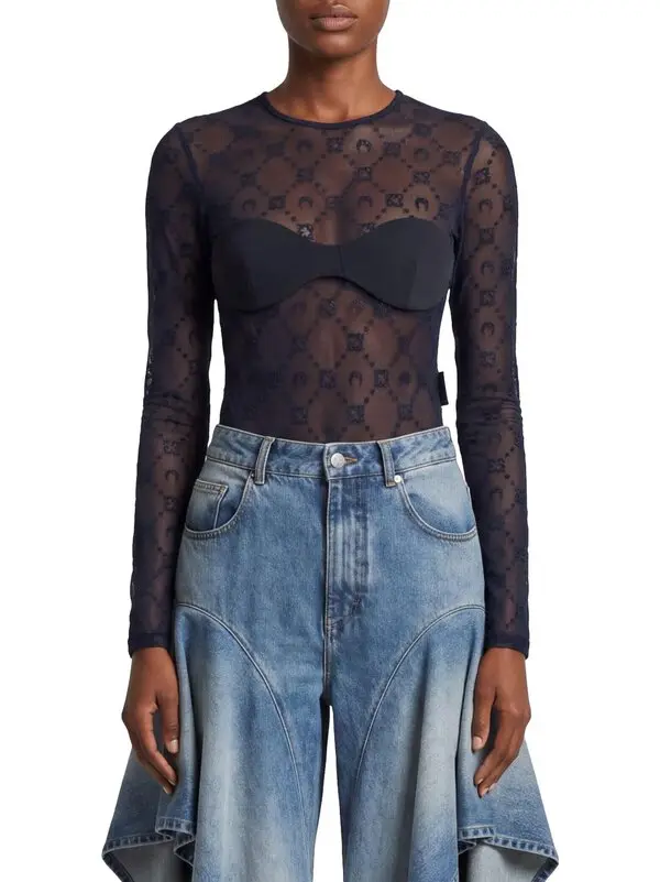 MARINE SERRE Crescent Moon Print Long-sleeved Tulle Top - Navy