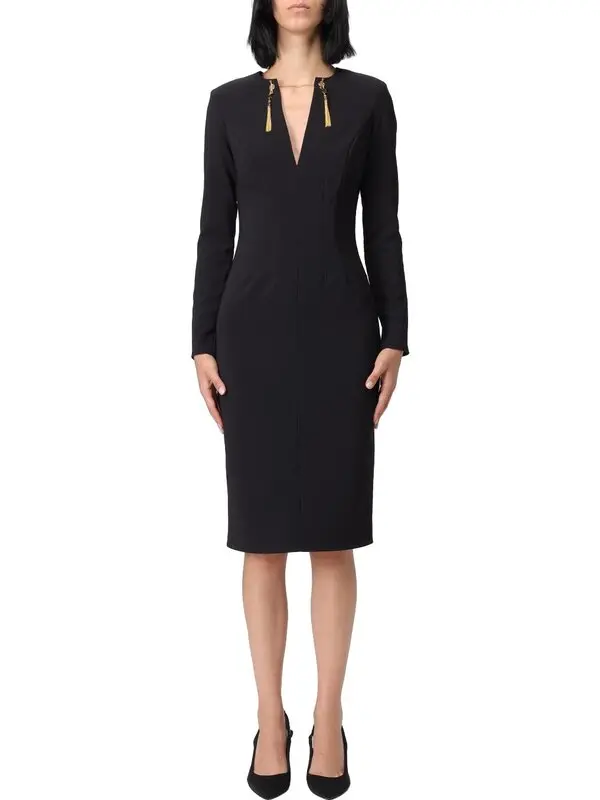 Elisabetta Franchi Long Sleeve V-neck Dress - Black