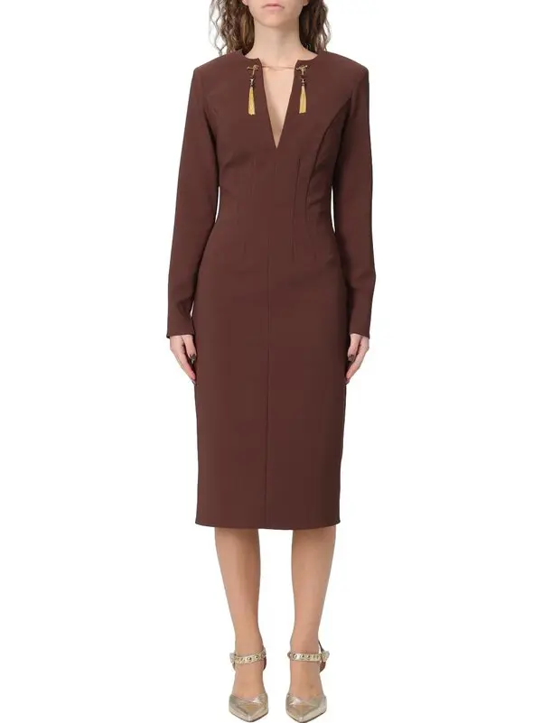 Elisabetta Franchi Long Sleeve V-neck Dress - Brown