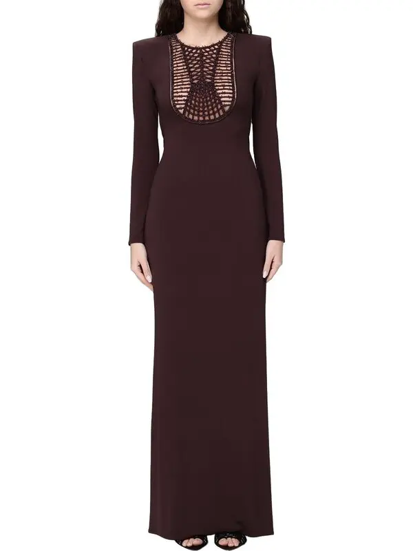 Elisabetta Franchi Long Sleeve Dress With Bead Detail - Brown