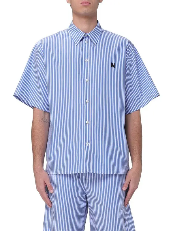 MSGM Striped Short-sleeve Cotton Shirt With Contrast Logo And Point Collar - Gnawed Blue