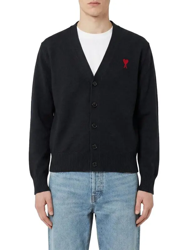 AMI Paris V-neck Cardigan With Embroidered Logo - Black