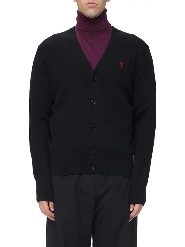 AMI Paris V-neck Cardigan With Embroidered Logo - Black