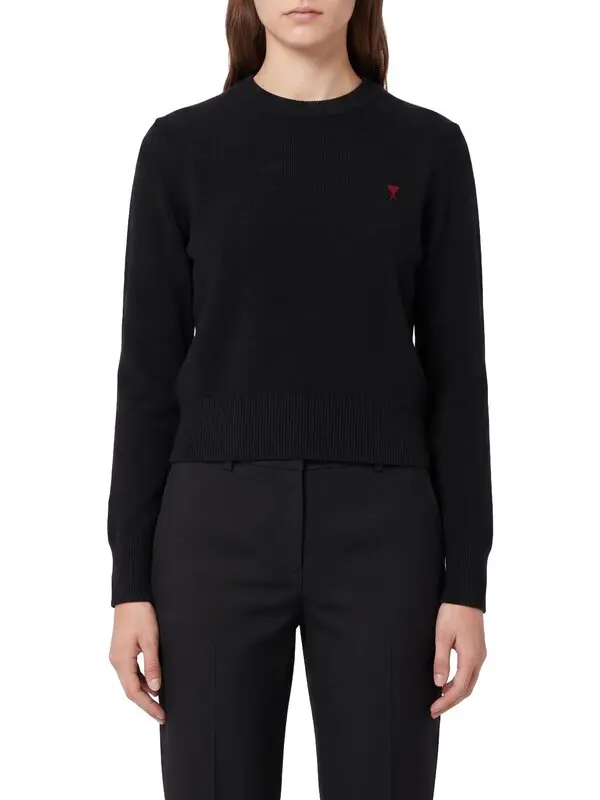 AMI Paris Slim Fit Merino Wool Sweater With Embroidered De Coeur Logo - Black