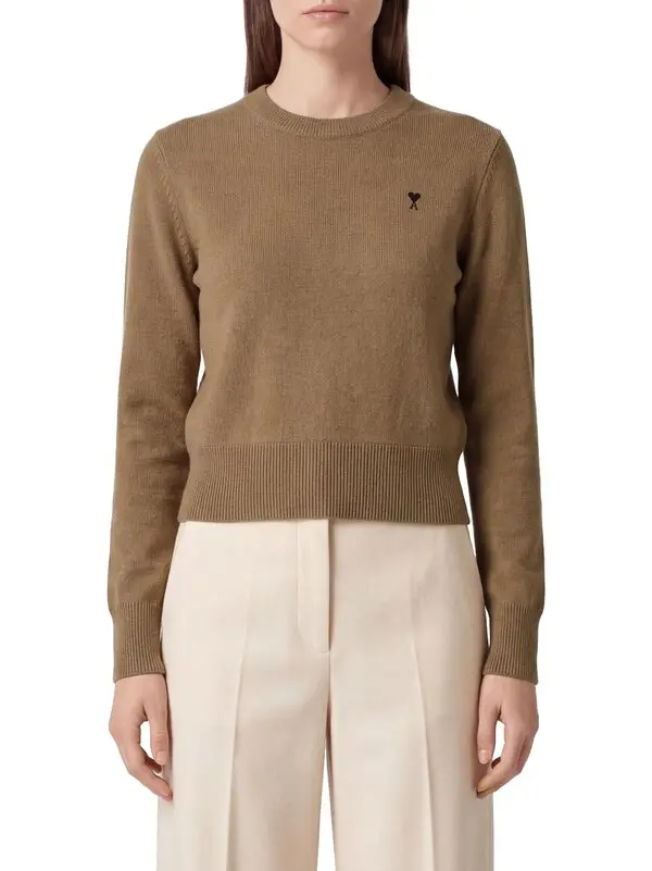 AMI Paris Slim Fit Merino Wool Sweater With Embroidered De Coeur Logo - Camel