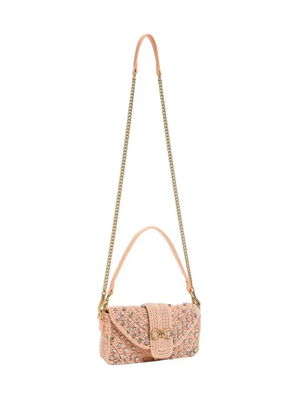 TWINSET Crochet Cotton Bag With Rhinestone Embellishments - Peach