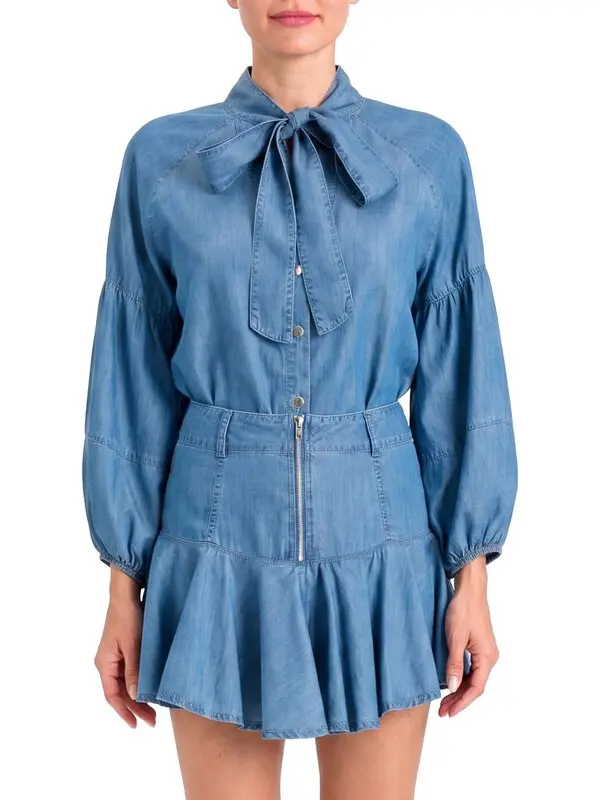 TWINSET Lyocell Pussy-bow Shirt With Balloon Sleeves - Denim