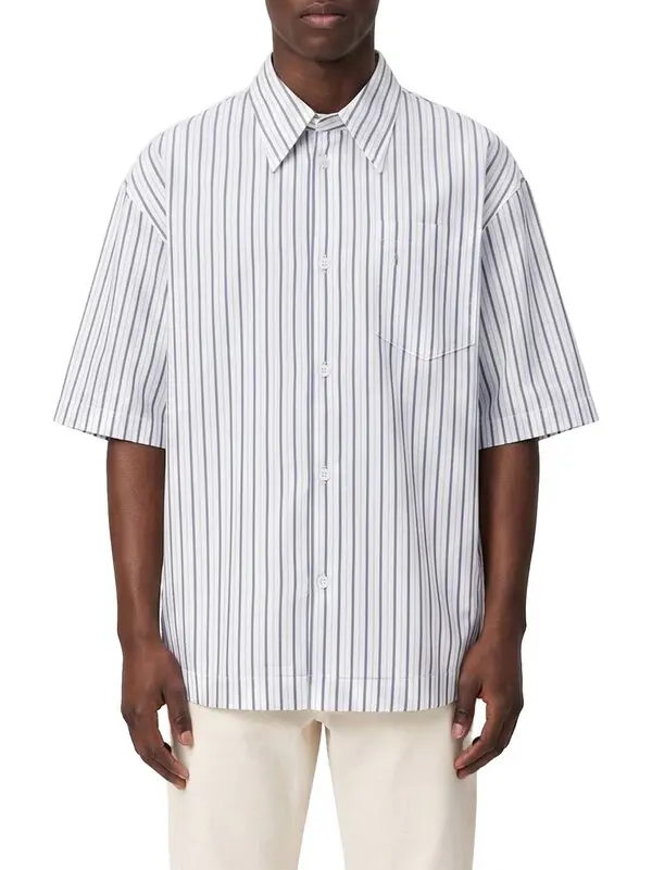 AMI Paris Striped Short-sleeve Cotton Shirt With A Pointed Collar - White
