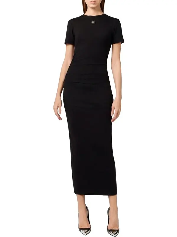 Philipp Plein Midi Sheath Dress With Metallic Mesh And Rhinestone Embellishments - Black