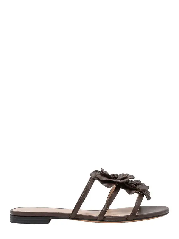 TWINSET Laminated Leather Slide Sandals With Flower Appliqué And Low Heel - Coffee
