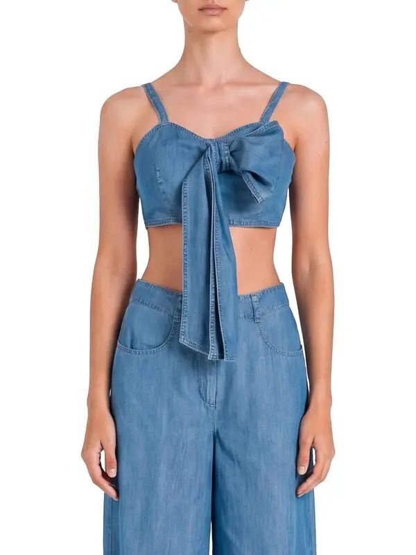 TWINSET Cropped Lyocell Top With Sweetheart Neckline And Bow Detail - Denim