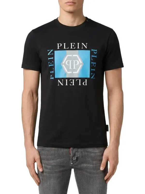 Philipp Plein Crewneck Cotton T-shirt With Contrasting Chest Logo - Black