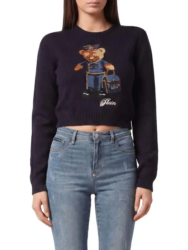 Philipp Plein Slim Fit Jacquard Teddy Bear Crewneck Sweater - Blue