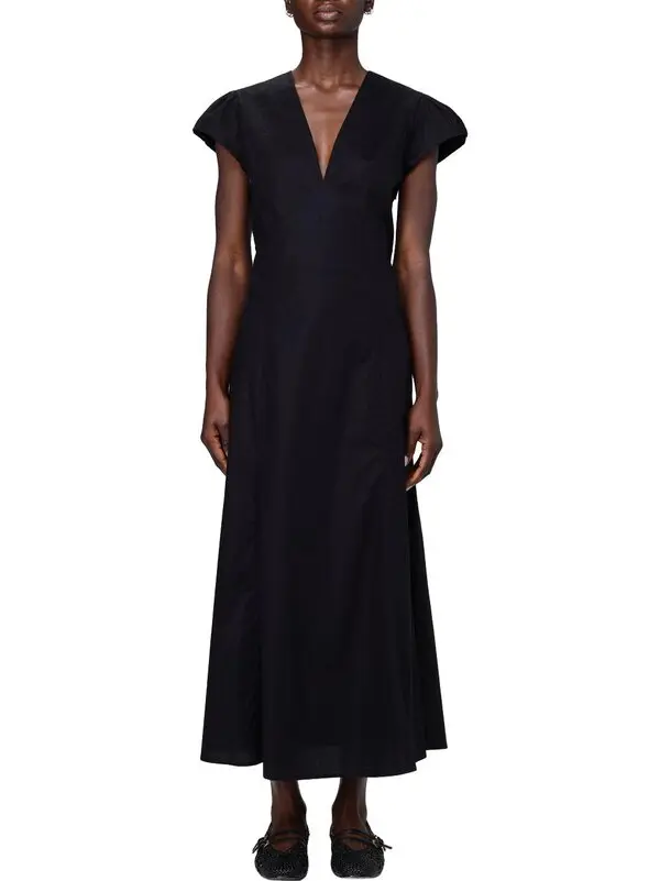 TWINSET A-line Stretch Cotton Midi Dress With V-neck And Short Sleeves - Black