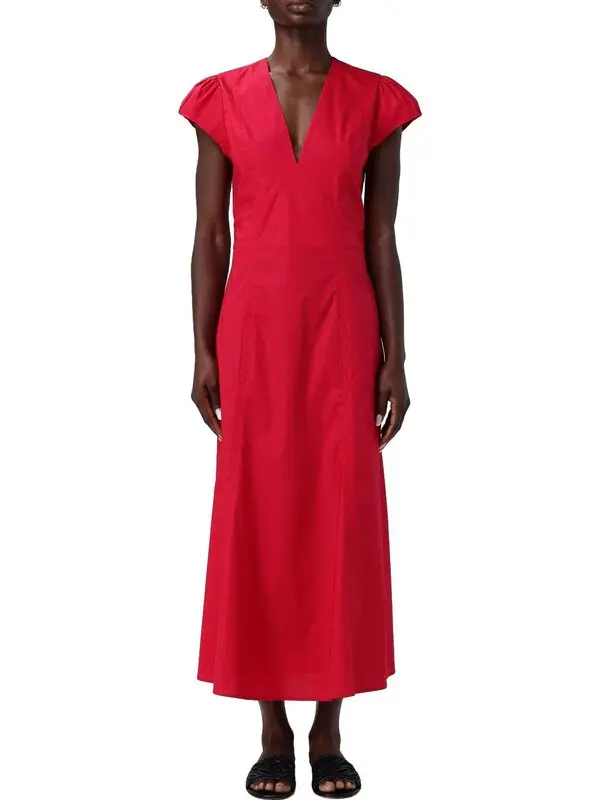 TWINSET A-line Stretch Cotton Midi Dress With V-neck And Short Sleeves - Red