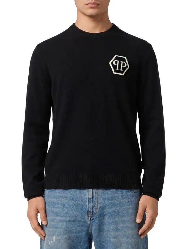 Philipp Plein Cashmere Crew Neck Sweater With Hexagon Logo - Black