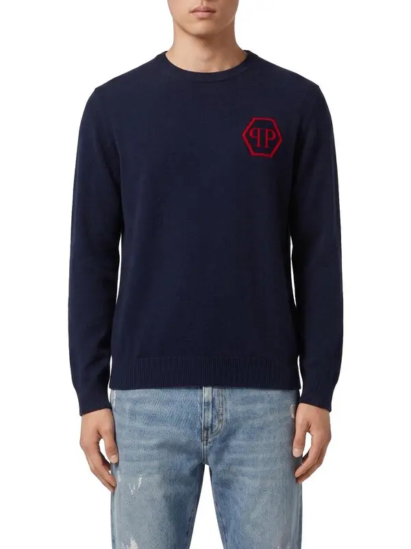 Philipp Plein Cashmere Crew Neck Sweater With Hexagon Logo - Navy