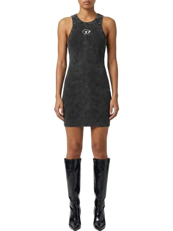 DIESEL® Ribbed Mini Dress With Logo Detail - Black
