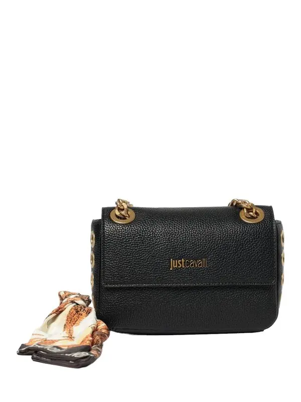Just Cavalli Grained Faux Leather Shoulder Bag With Gold Tone Chain Strap - Black