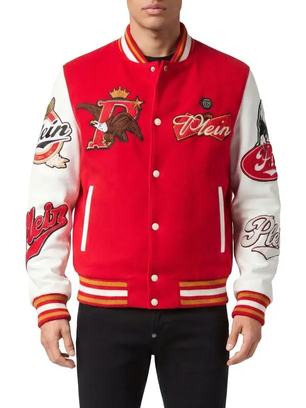 Philipp Plein Bi-wool Varsity Bomber Jacket With Embroidered Patches - Red