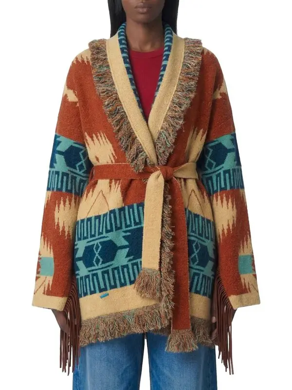 Alanui Ethnic Pattern Wool Blend Cardigan With Fringe - Multicolor