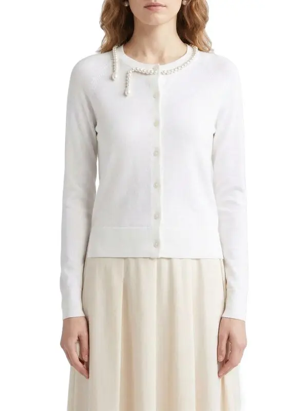 Simone Rocha Wool And Silk Cardigan With Pearl Appliqués - Ivory