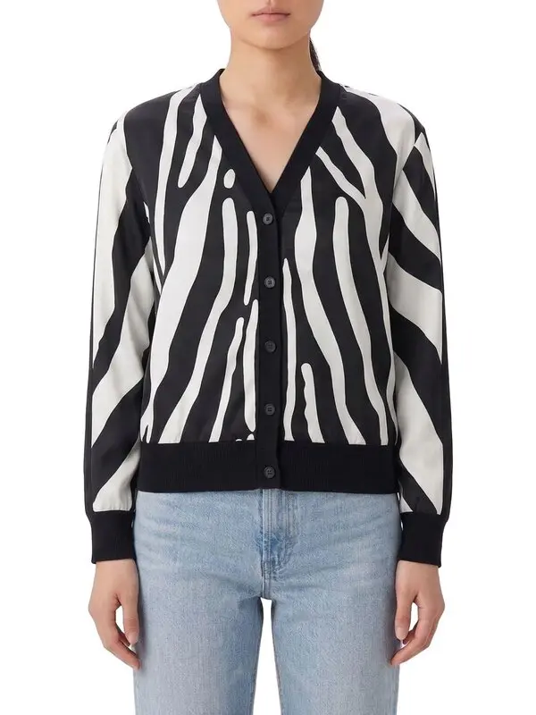 FERRAGAMO Zebra Print Silk Blend Cardigan - Black