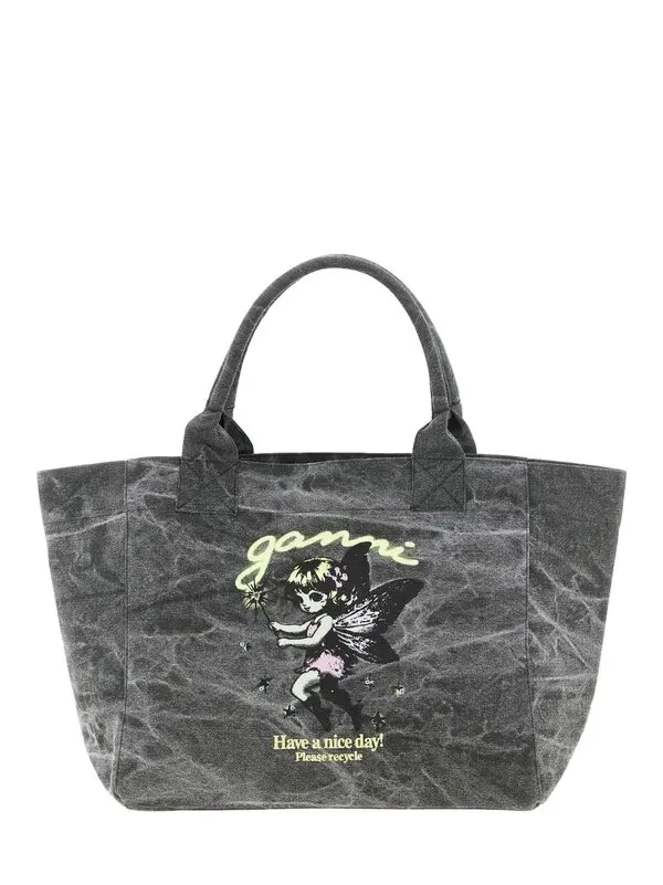 GANNI Recycled Cotton Canvas Bag With Printed Logo - Black