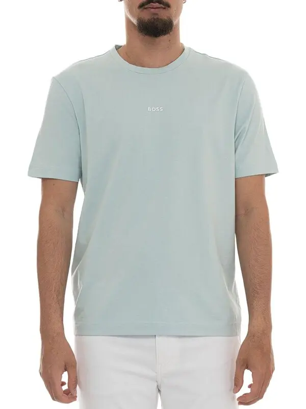BOSS Crew Neck Stretch-cotton T-shirt With Contrast Chest Logo - Turquoise