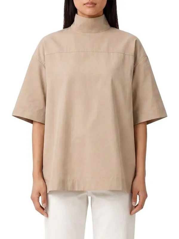 AMI Paris Short-sleeved Cotton Turtleneck With Dropped Shoulders - Beige