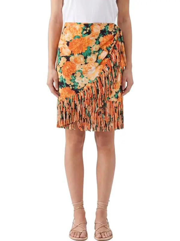 Pinko Floral Embroidered Viscose Wrap Mini Skirt With Fringes - Multicolor