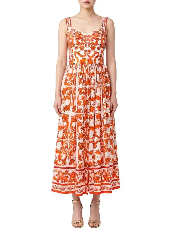 Dolce & Gabbana Majolica Print Off-the-shoulder Midi Dress - Orange