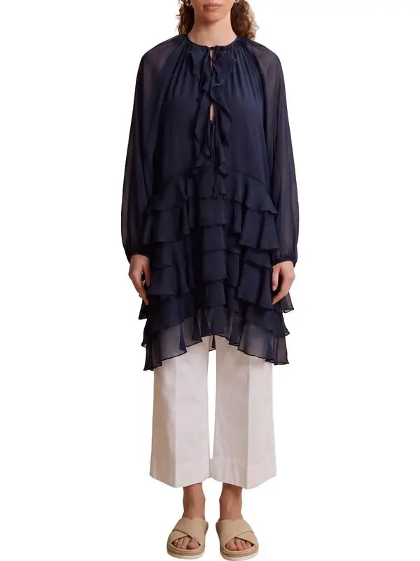 LA MARTINA Long-sleeved Ruffled Chiffon Mini Dress - Navy